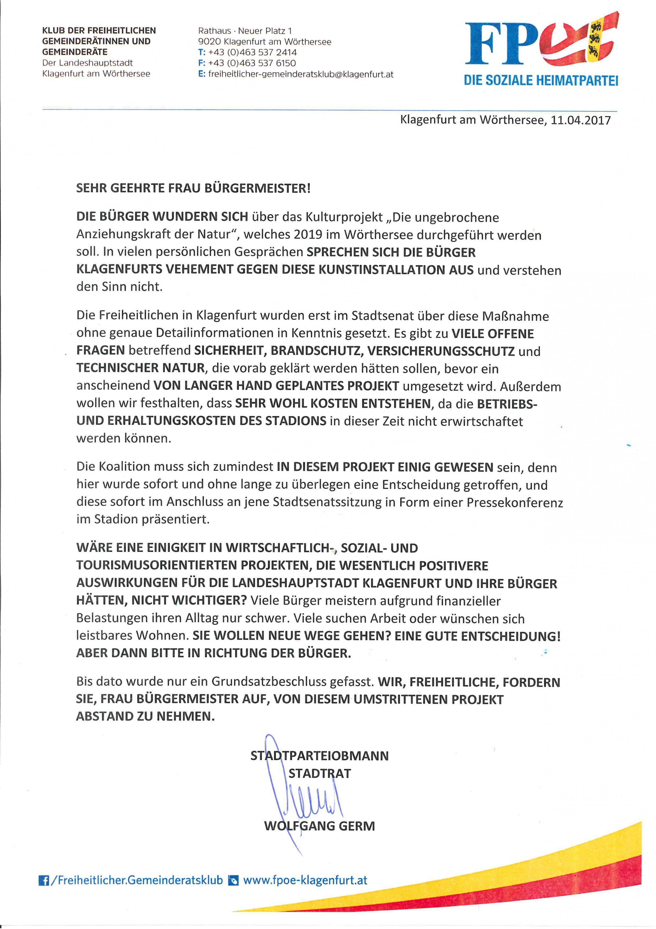 Offener Brief zum Kunstprojekt im Stadion - Bürgermeisterin soll Abstand nehmen - FPÖ Klagenfurt